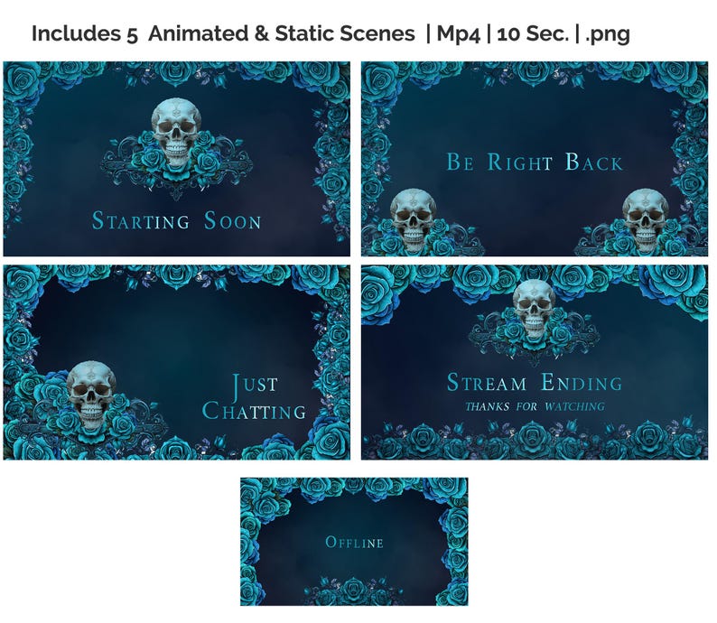 Animated Gothic Roses Stream Package - Blue Ice Twitch Overlays, Skull ...
