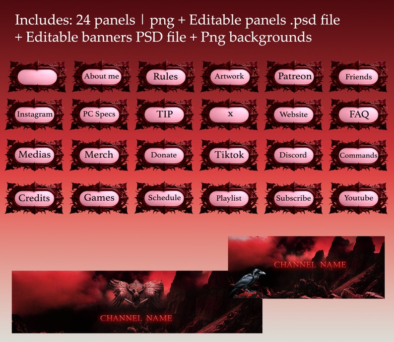 Red Gothic Raven Animated Stream Package: Twitch Overlays, Alerts ...