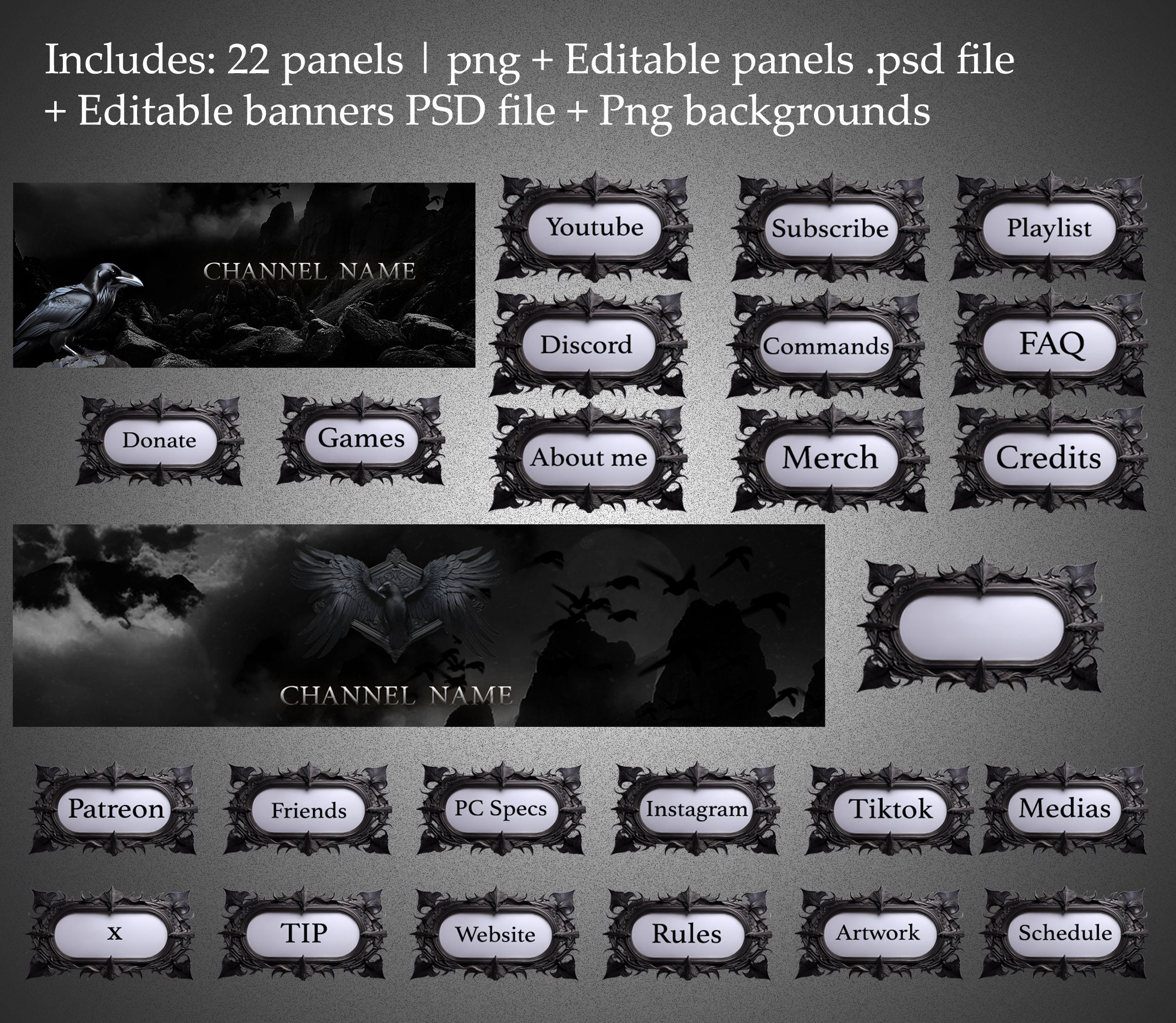 Black Gothic Crow Animated Stream Package, Twitch Pack, Overlays ...