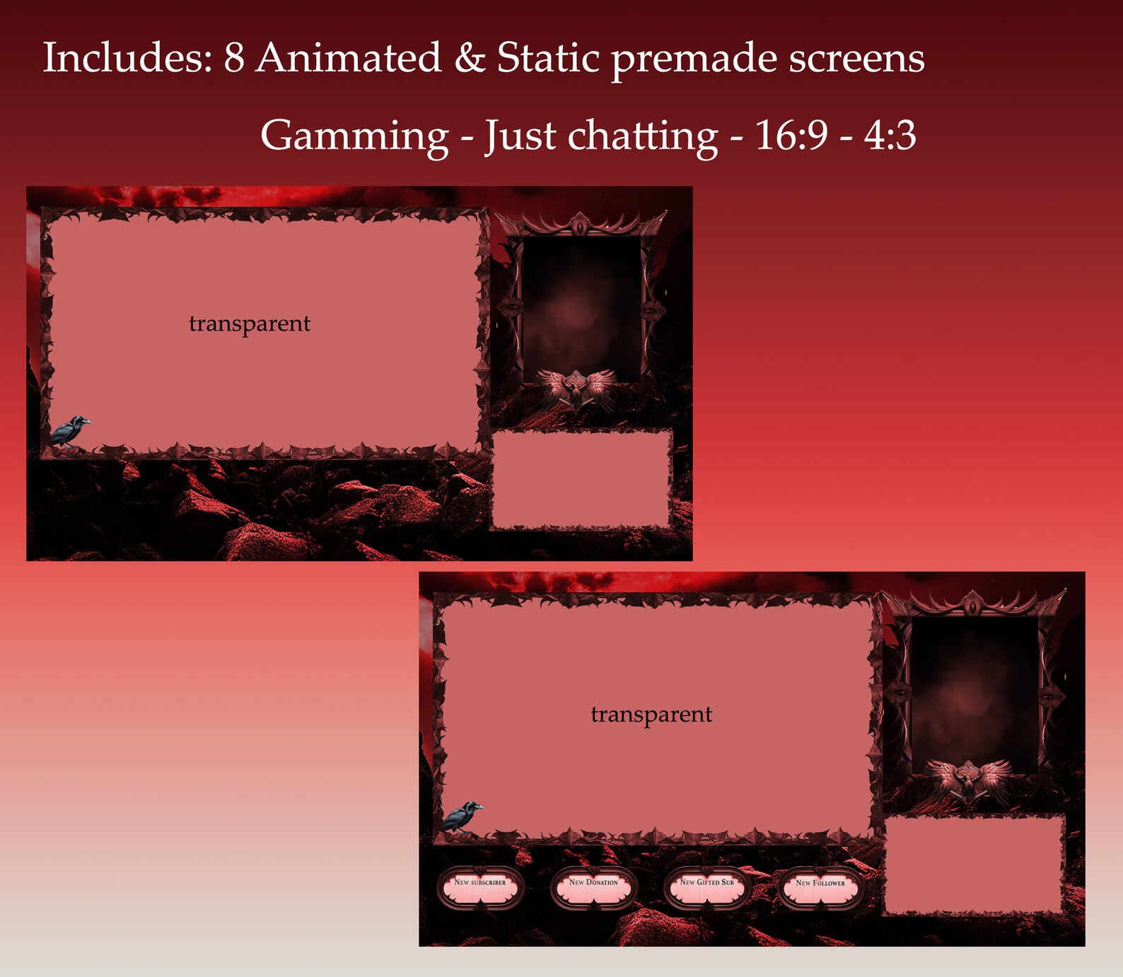 Red Gothic Raven Animated Stream Package, Twitch Pack, Overlays Screens ...