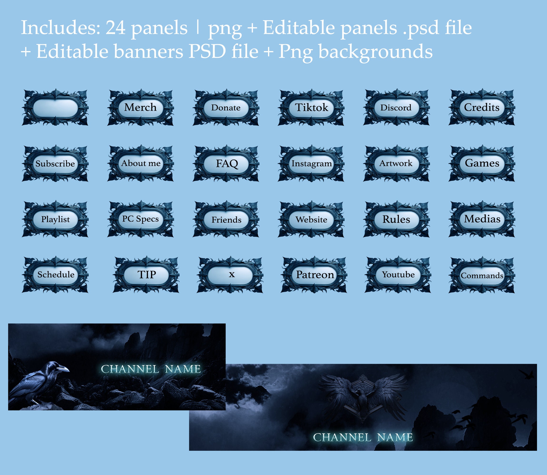 Blue Gothic Raven Animated Stream Package: Twitch Overlays, Alerts ...