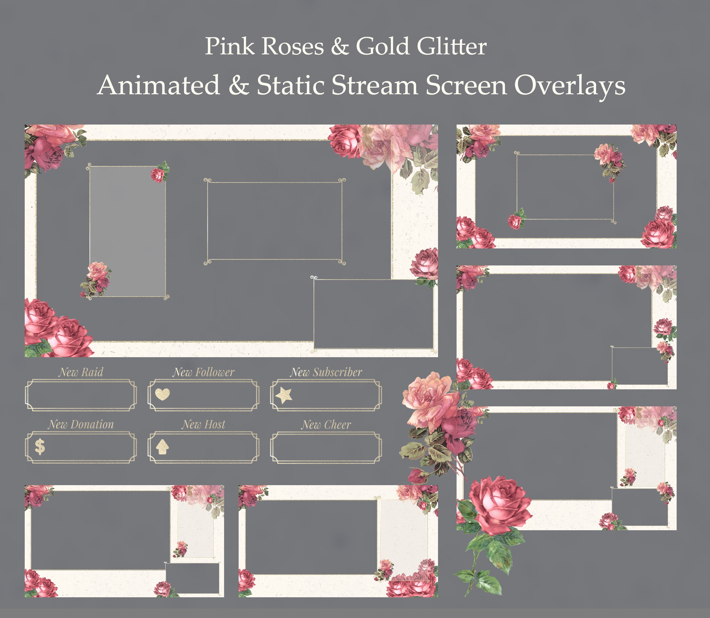 Pink Flowers Animated Stream Overlays Pack, Twitch Pack, Overlays ...