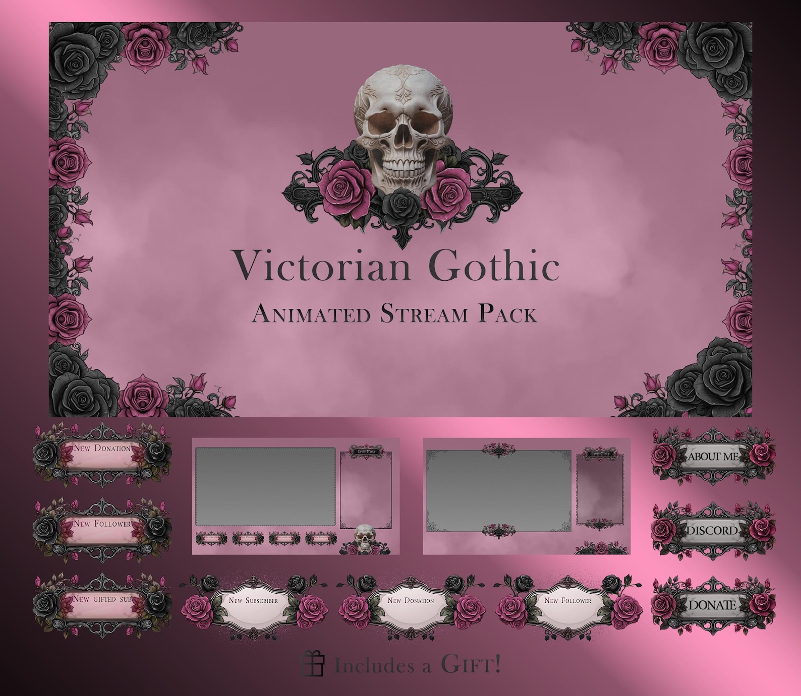 Dusty Pink Roses Gothic Animated Stream Package - Pink & Black Twitch ...