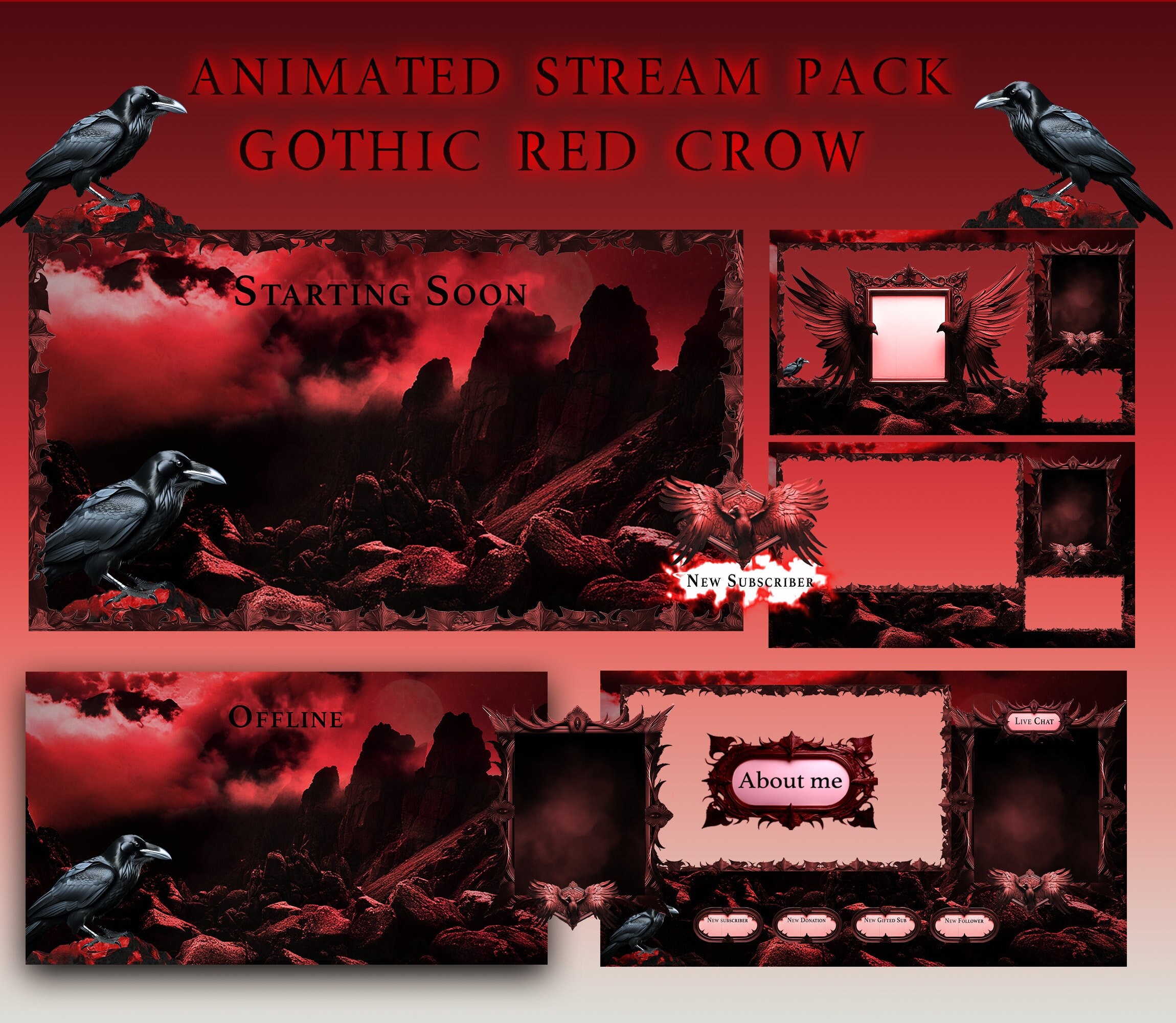 Red Gothic Raven Animated Stream Package, Twitch Pack, Overlays Screens ...
