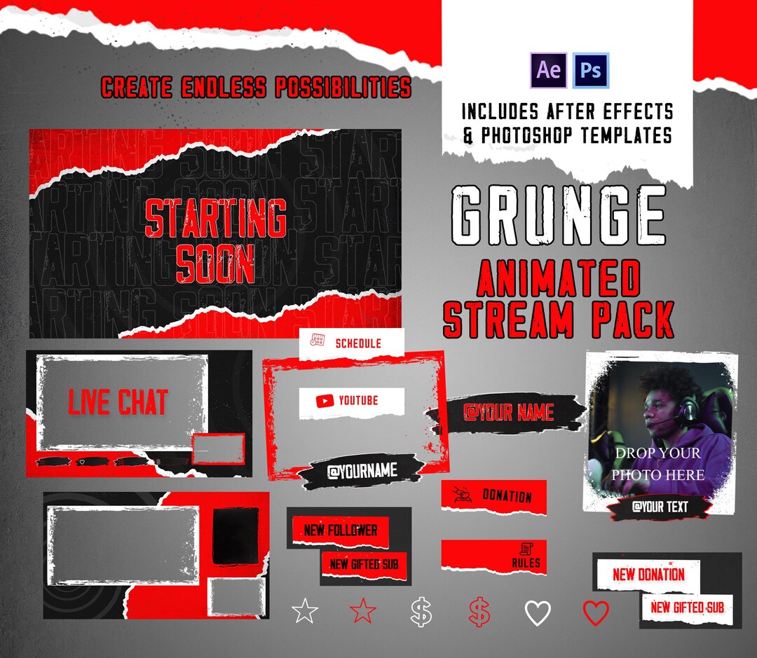 Grunge Punk Animated Stream Pack: Twitch Overlays, Alerts, Panels ...