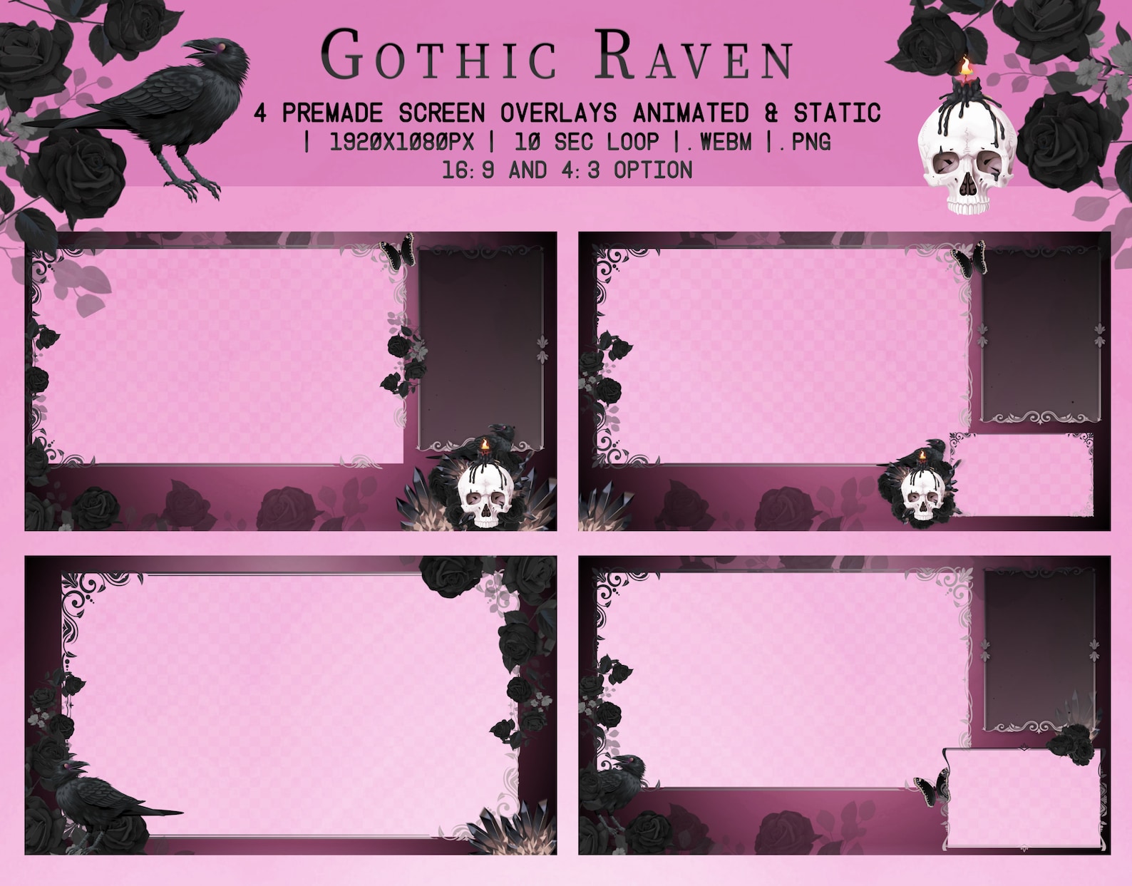 Gothic Pink Animated Stream Screen Overlays, Twitch Pack, Vtuber ...