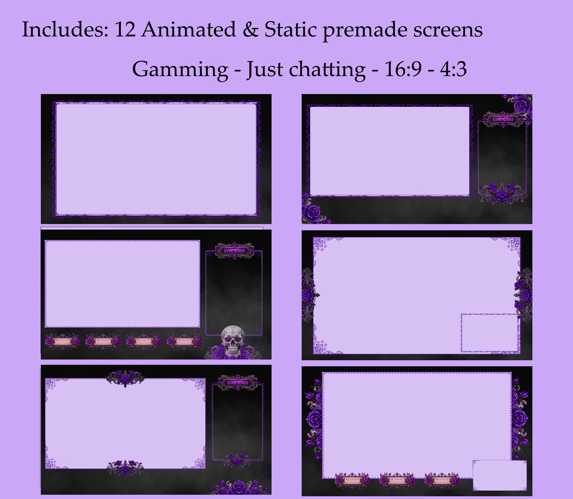 Animated Gothic Rose Stream Package - Purple and Black Twitch Overlays ...