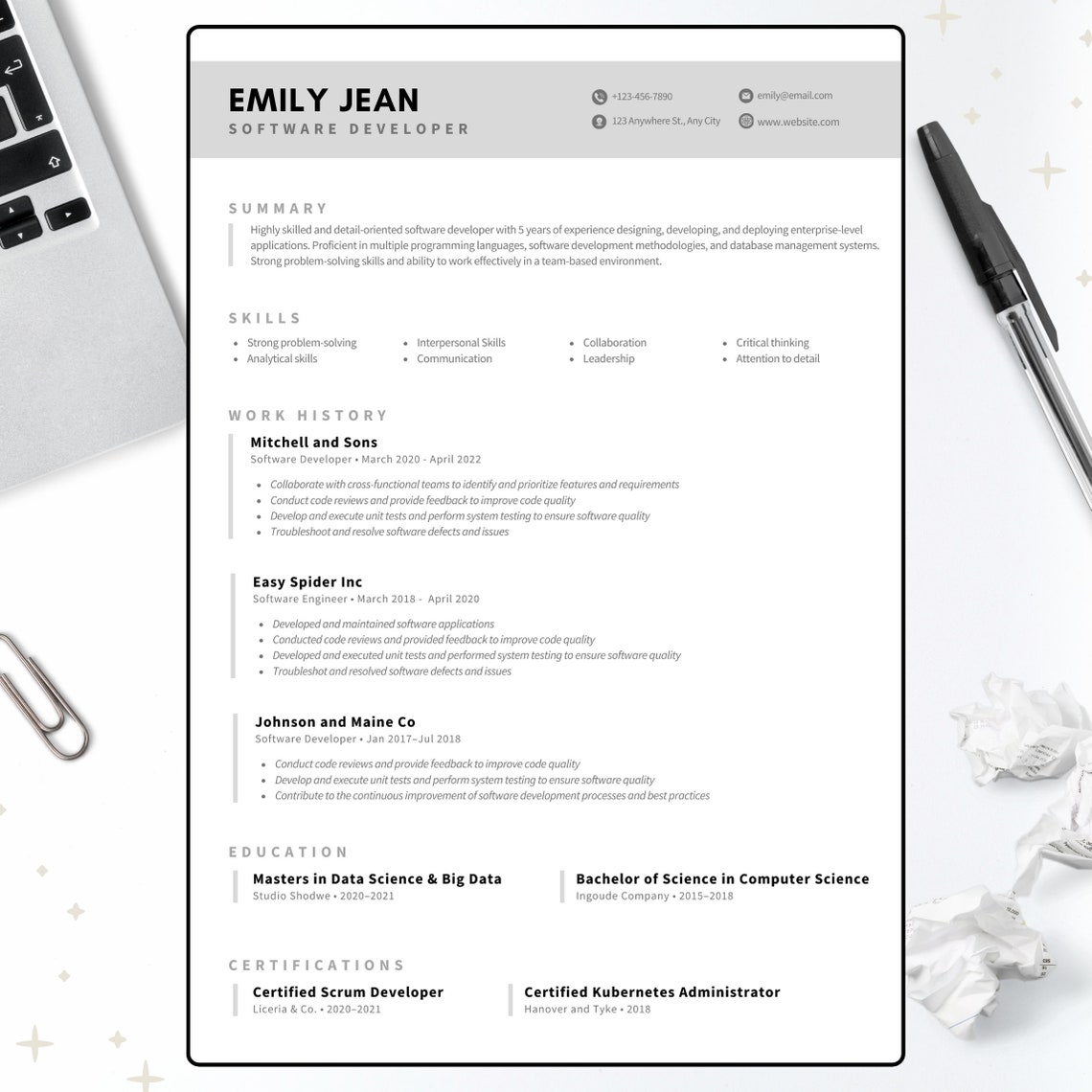 Professional Clean Resume Template for Software Developers and IT ...