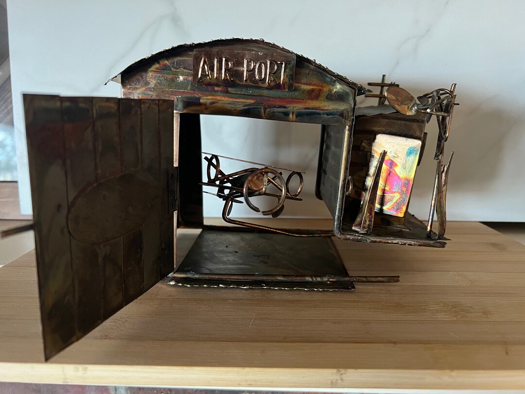 Vintage Music Box Airplane Airport Flying Plane Copper Tin Wind up Gift ...