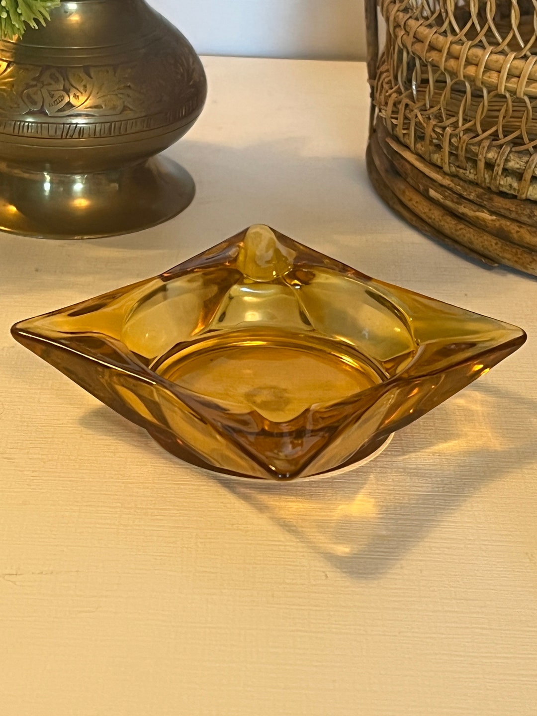 Vintage Star Shaped Amber Glass Ashtray MCM Trinket Dish Mid Century ...