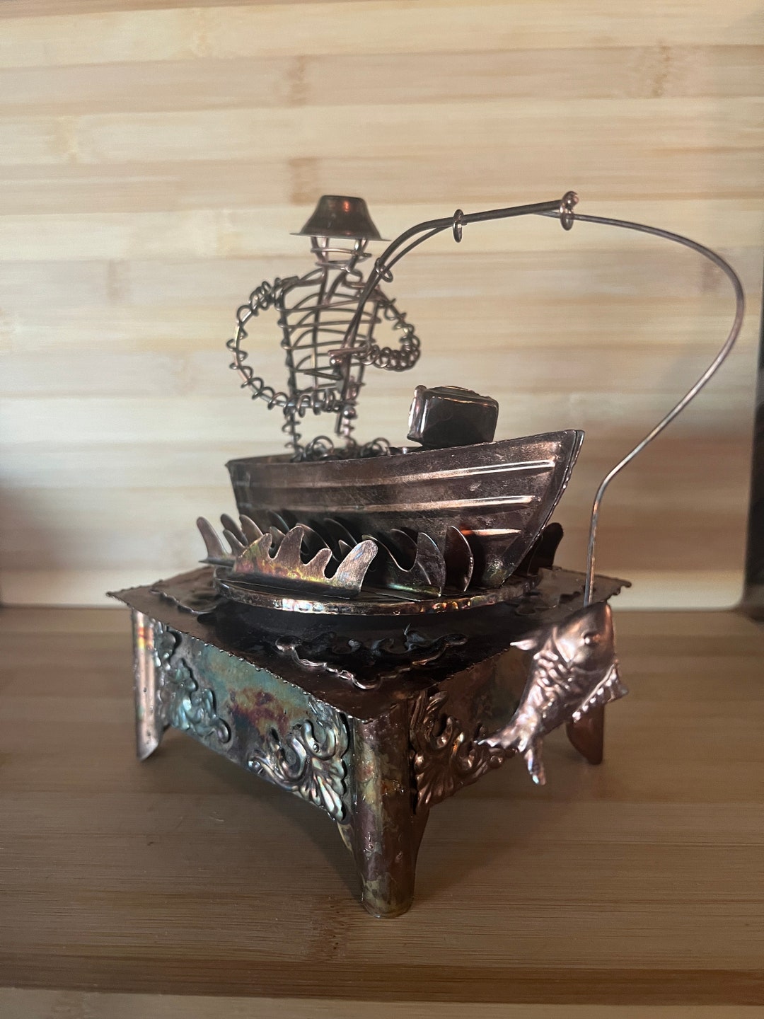 Vintage Copper Music Box Boat Fisherman Fish Waves up the Lazy River ...