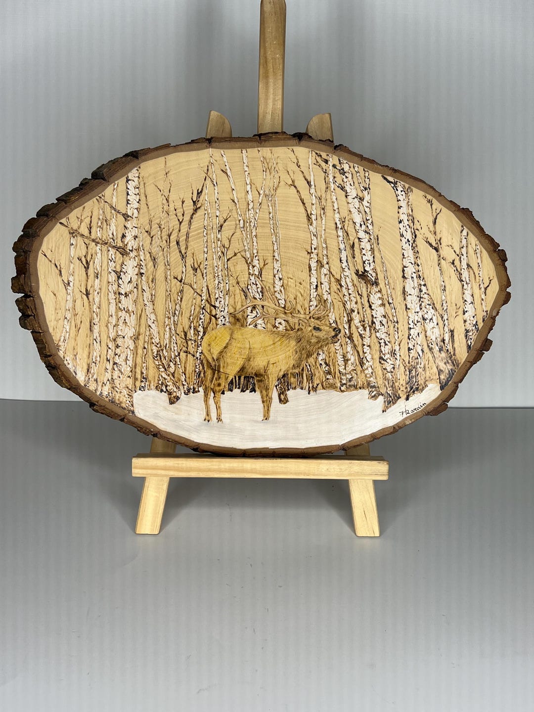 Vintage Pyrography Elk Wall Art: Signed Birch Wood Slice Naturescape - Etsy