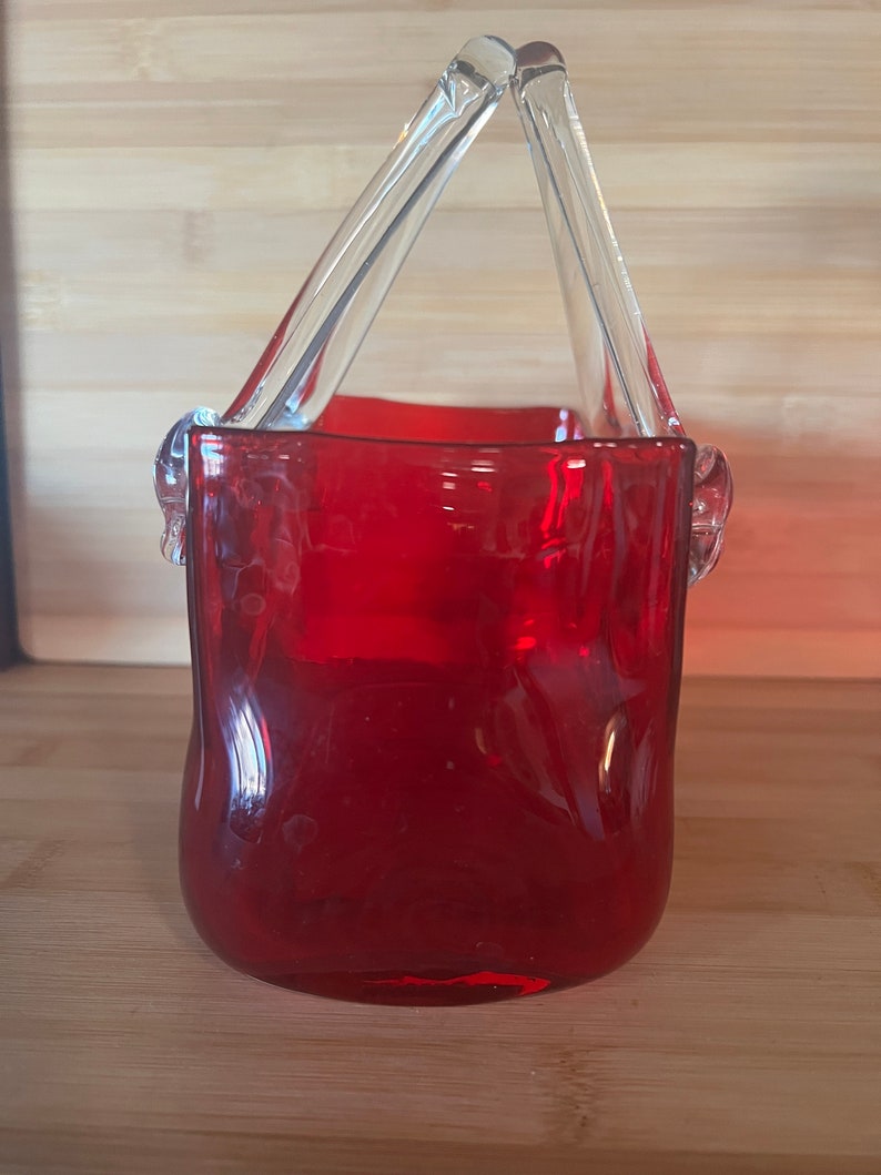 Stunning Hand Blown Glass Red Ruby Purse Open Top With Applied Clear ...