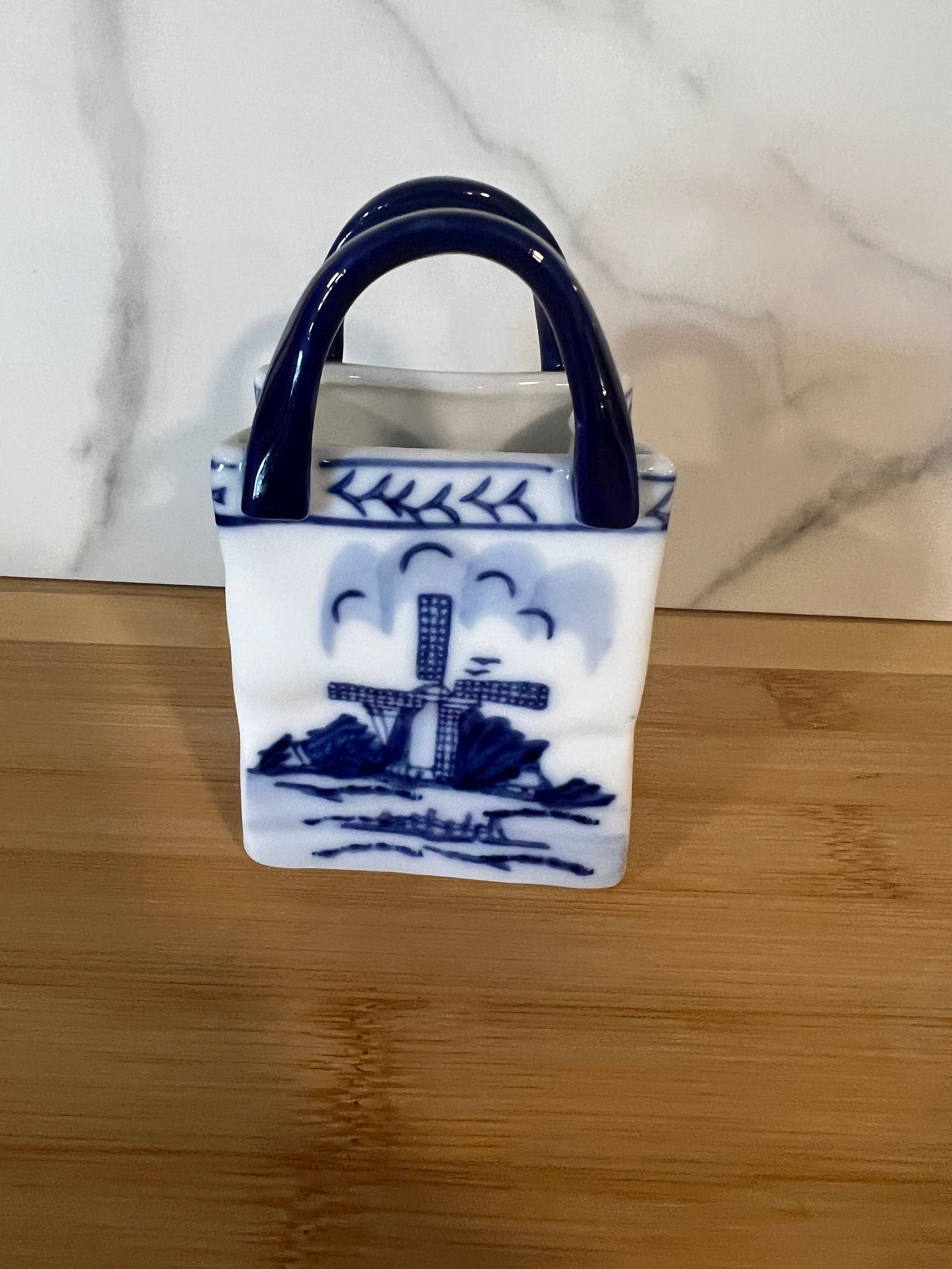 Vintage Hand Painted Delft Blue White Windmill Holland Porcelain Bag ...