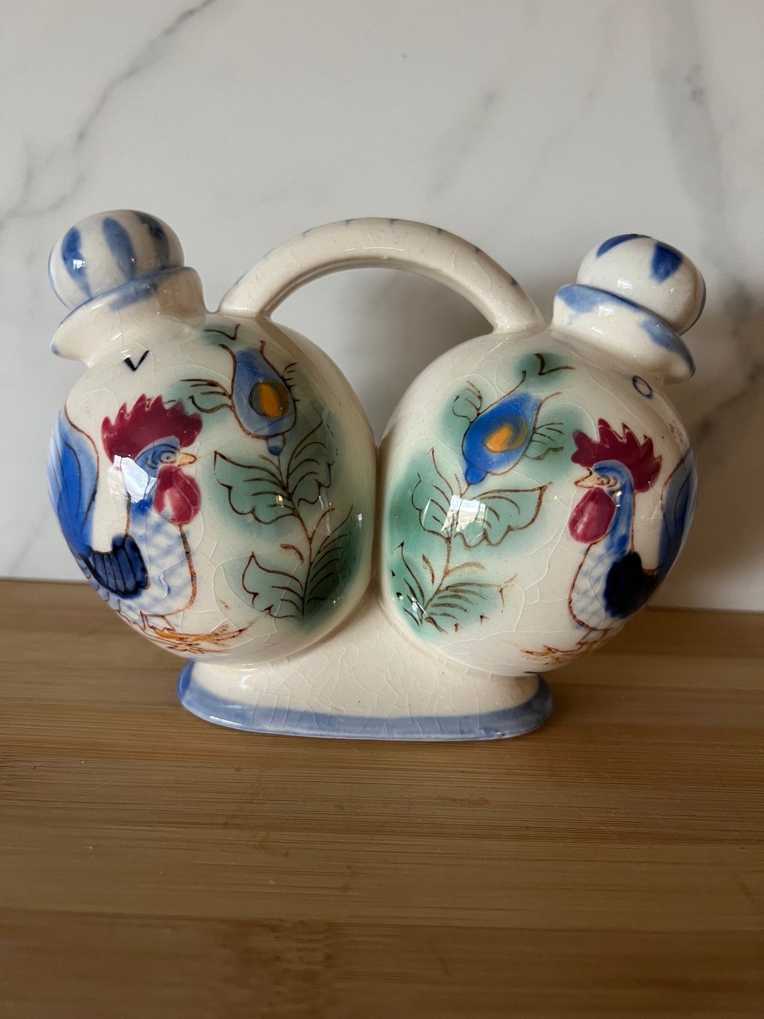 Vintage Oil & Vinegar Cruet Set Hand Painted Porcelain Rooster Floral ...