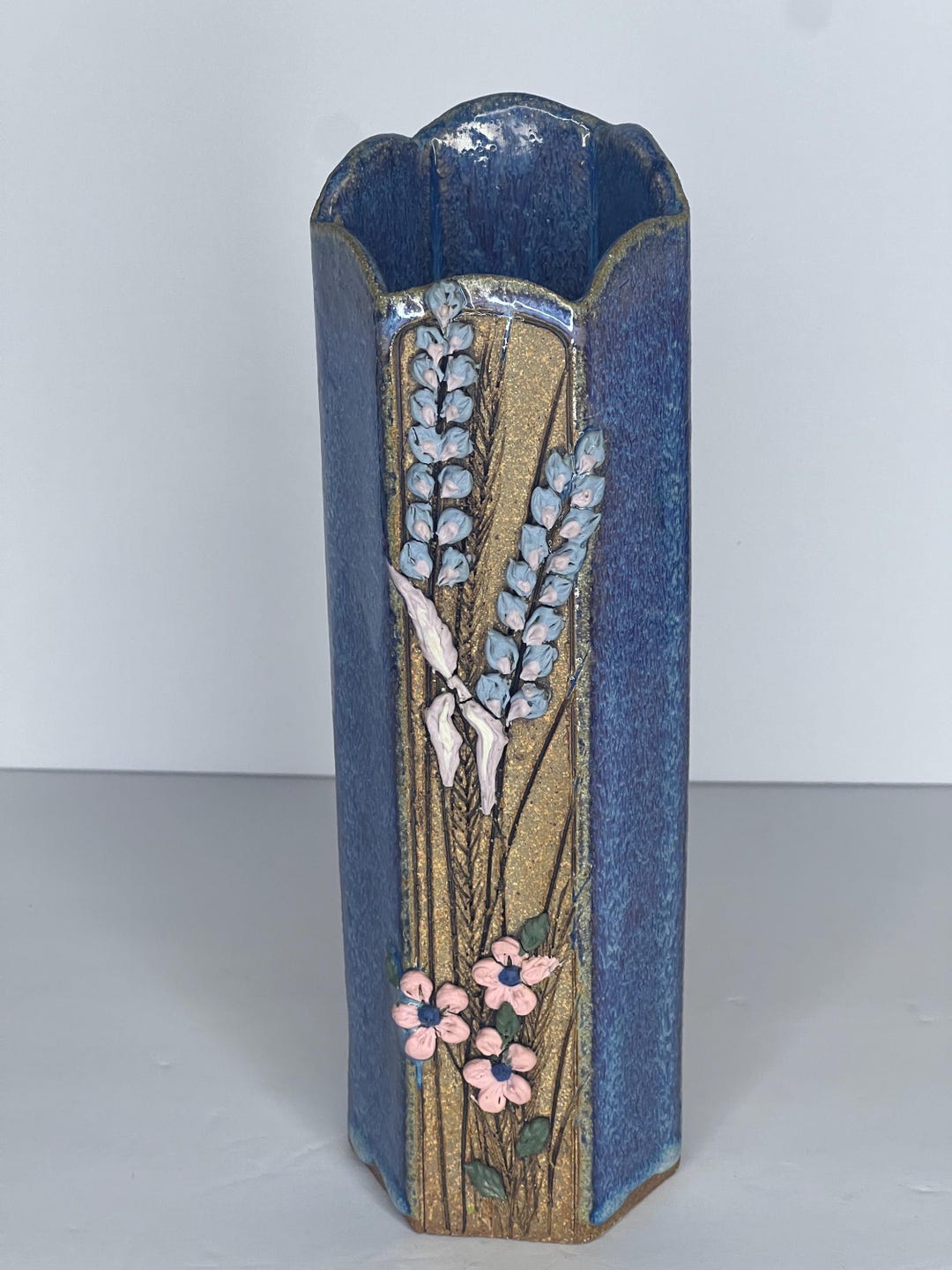 Vintage Blue Pottery Vase: Signed Robertz, Etched Floral Decor - Etsy