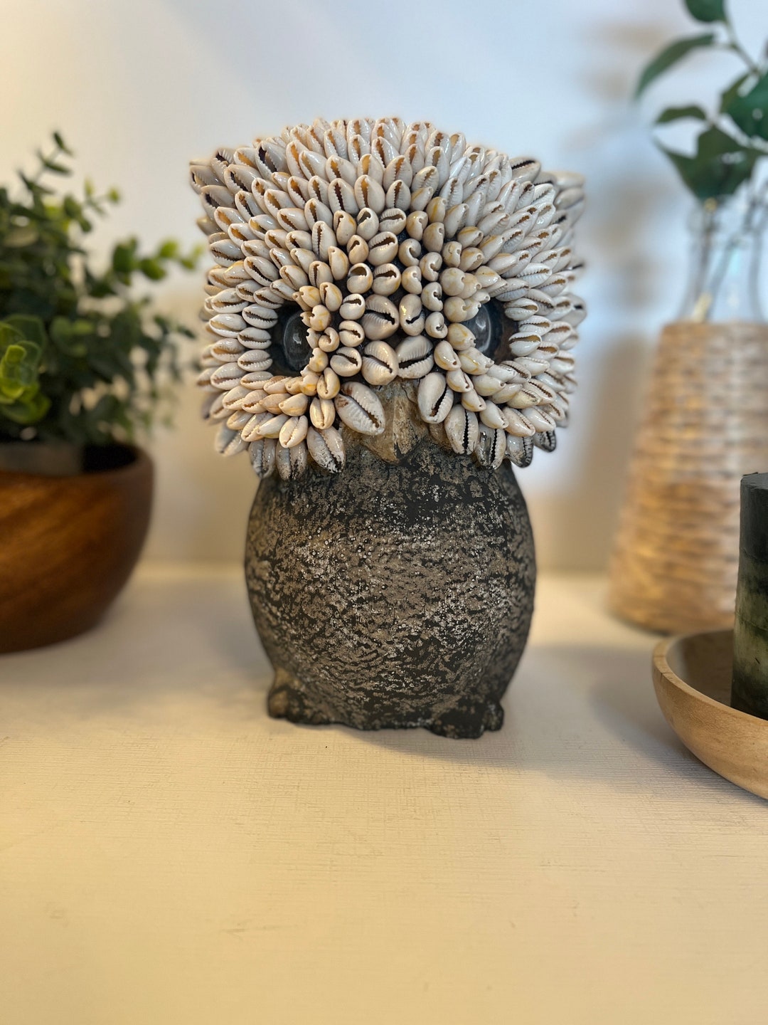 Vintage Sea Shell Owl Wood Statue Big Eyed Owls Wooden Large 8.5" Tall ...