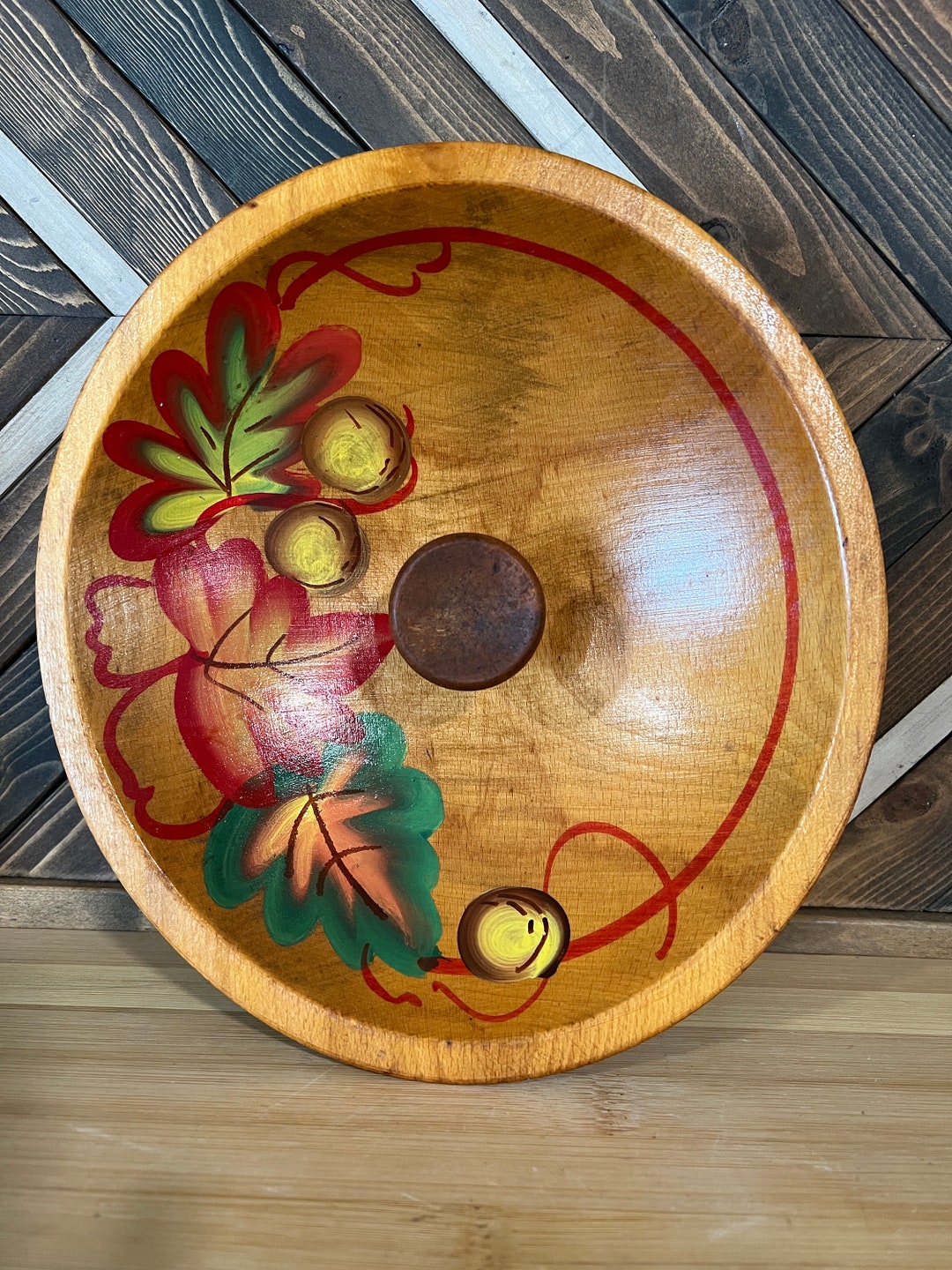 Vintage Hand Painted Folk Art Wooden Nut Bowl Footed Fruit Toll Painted ...