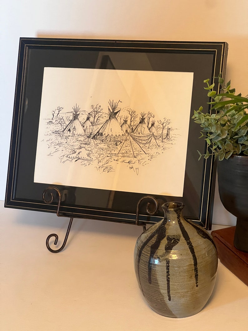 Vintage Native American Village Print: Signed Pen & Ink Drawing, Framed ...