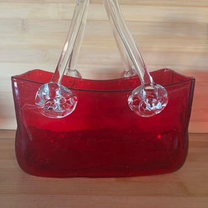 Stunning Hand Blown Glass Red Ruby Purse Open Top With Applied Clear ...