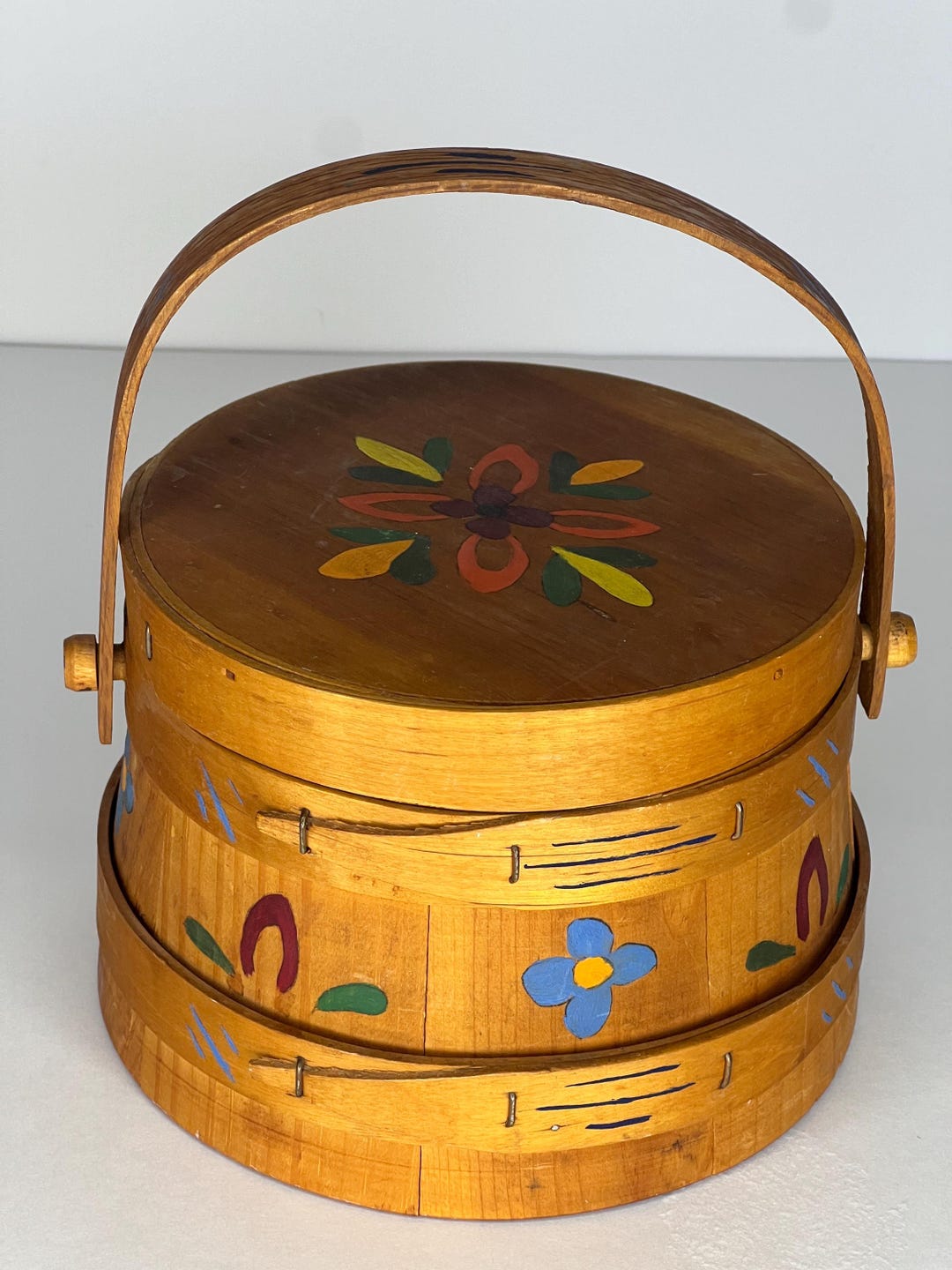 Wooden Firkin Cheese Box Folk Art Painting Round Bucket Lidded Handle ...