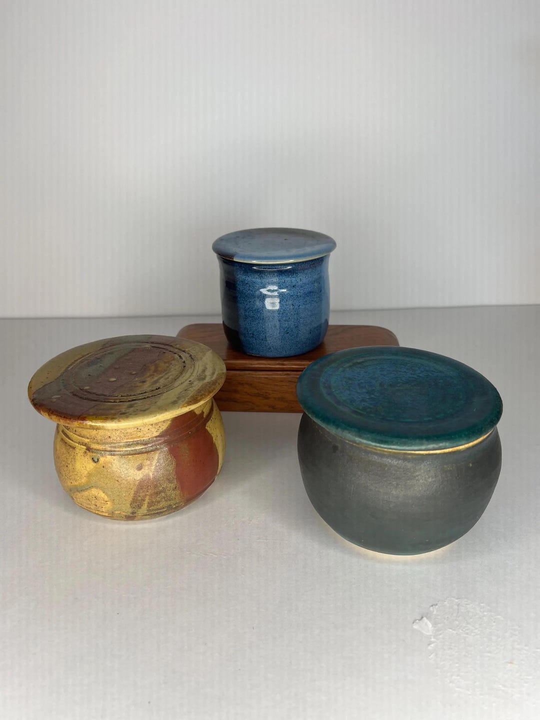 Handmade Pottery Butter Keeper Vintage Artist Signed Blue Stripe ...