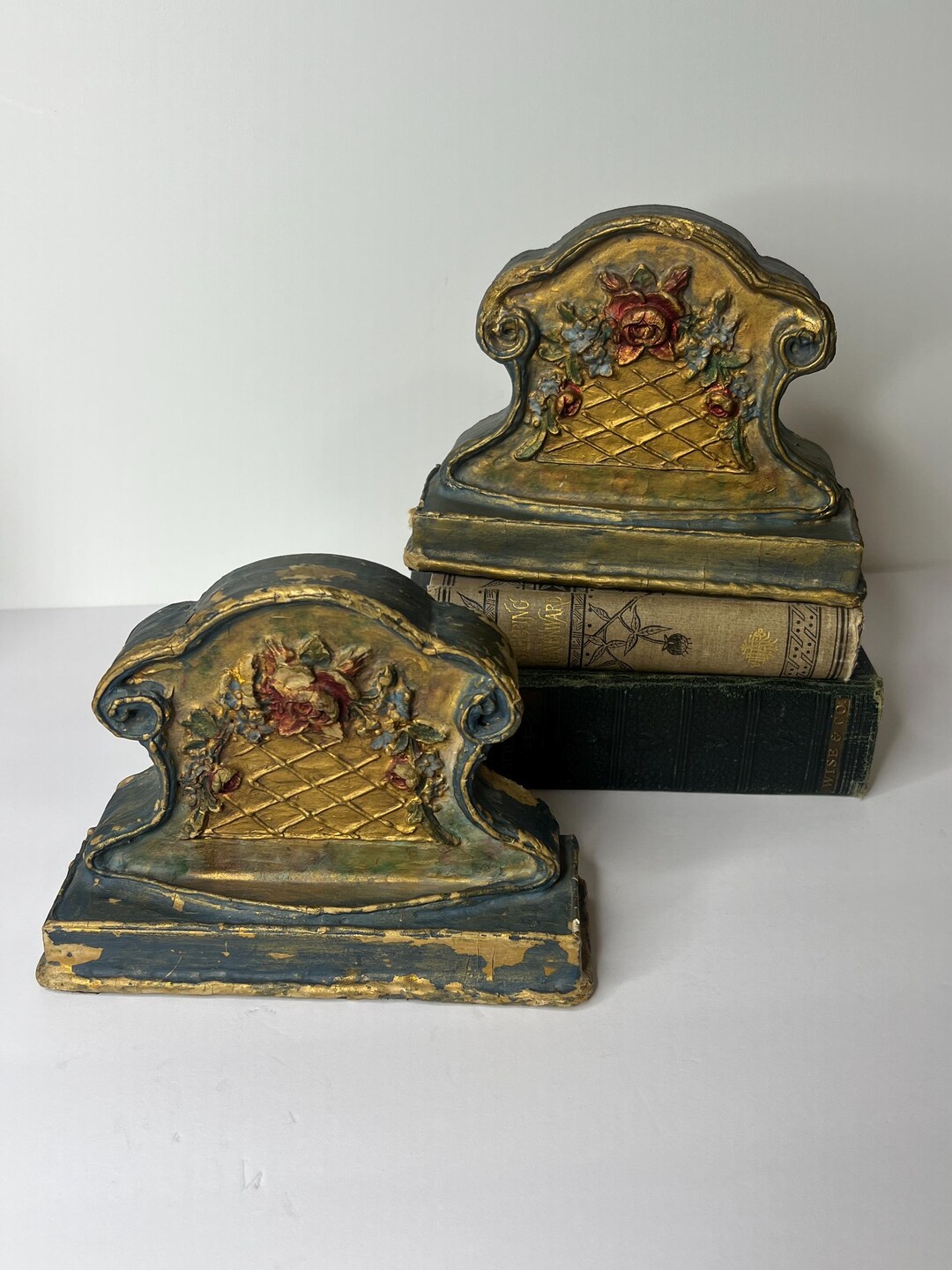 Vintage Hand Painted French Country Bookends Blue Floral Home Decor - Etsy