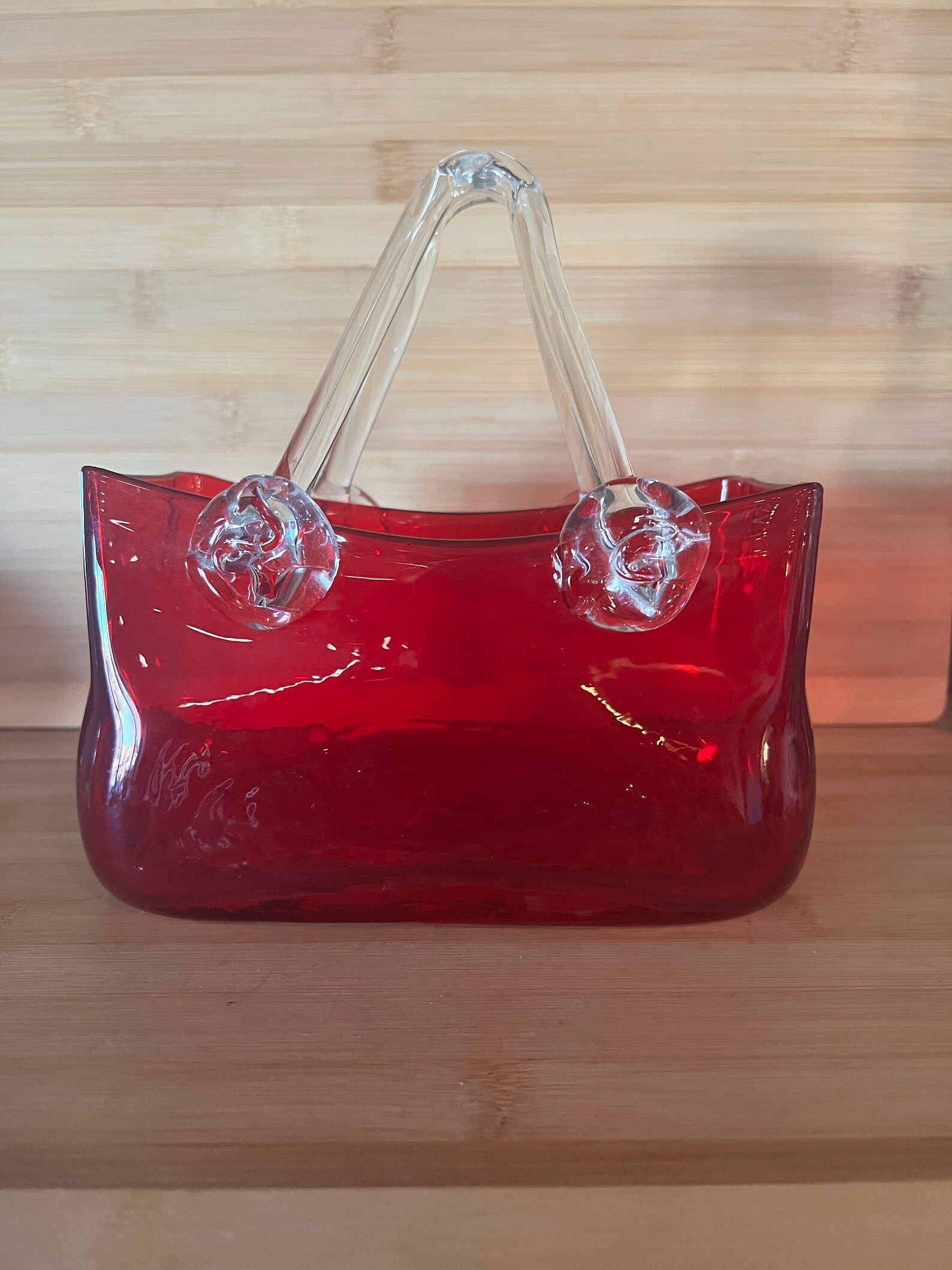 Stunning Hand Blown Glass Red Ruby Purse Open Top With Applied Clear ...