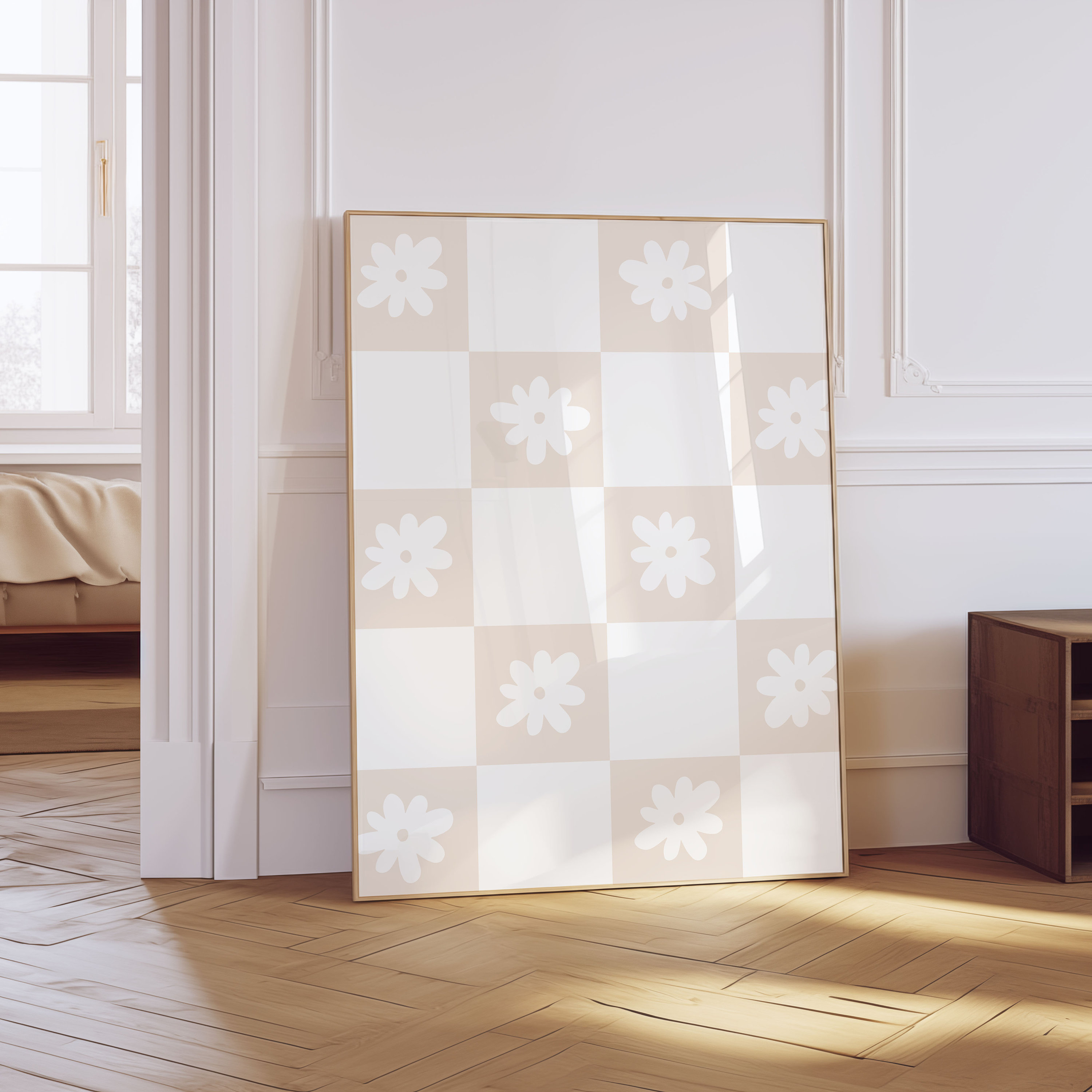 Checkered Light Beige Flowers Art, Checkered Posters, Beige Aesthetic ...