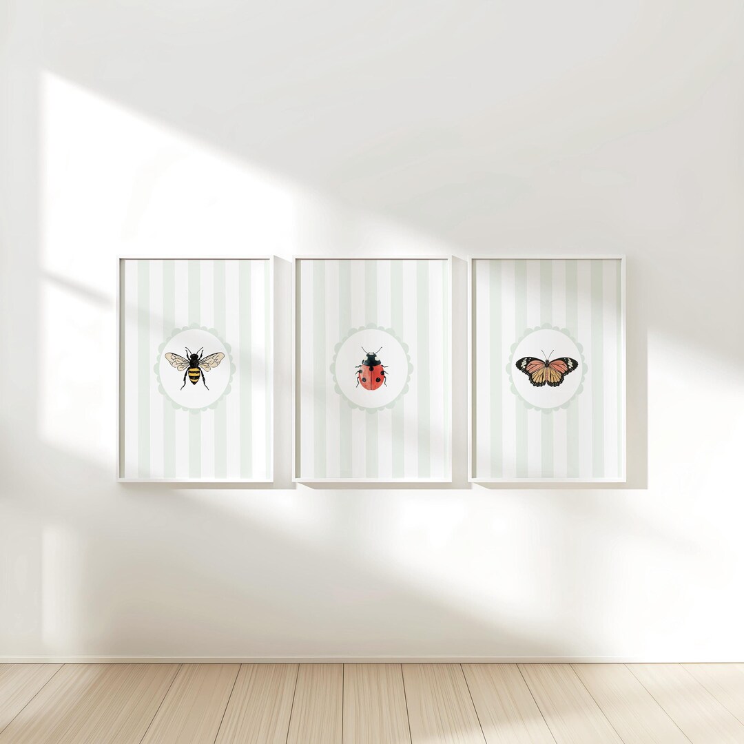 Set of 3 Insects Art Green Stripes, Watercolor Lady Bug, Bee,butterfly ...