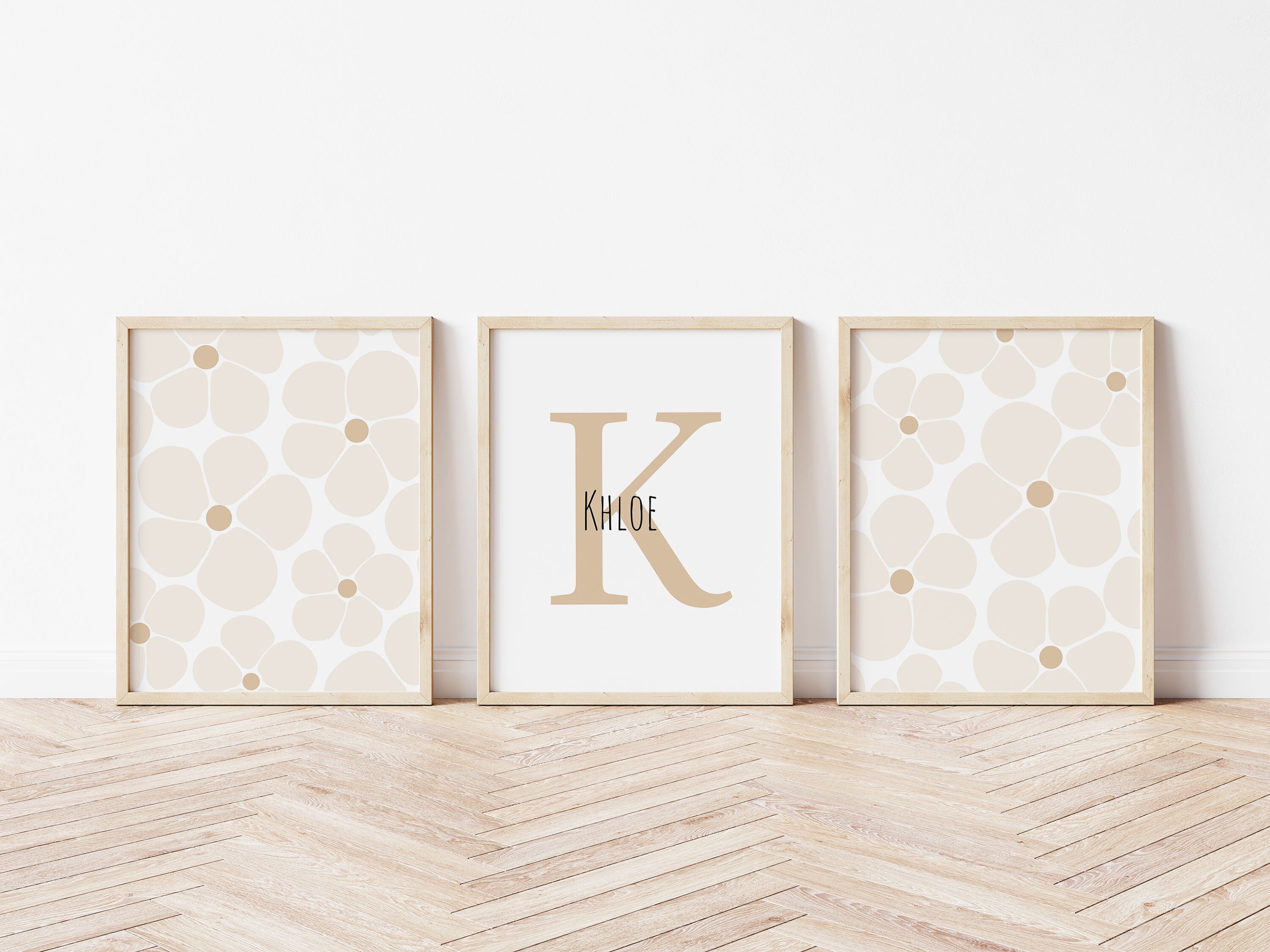 Custom Initial Name Beige Art, Girls Nursery Art, Set of 3 Boho Nursery ...