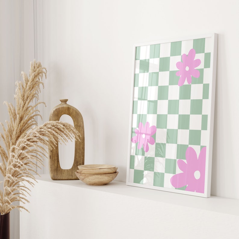 Pink and Green Checkered Print, Flower Checkered Posters, Boho ...