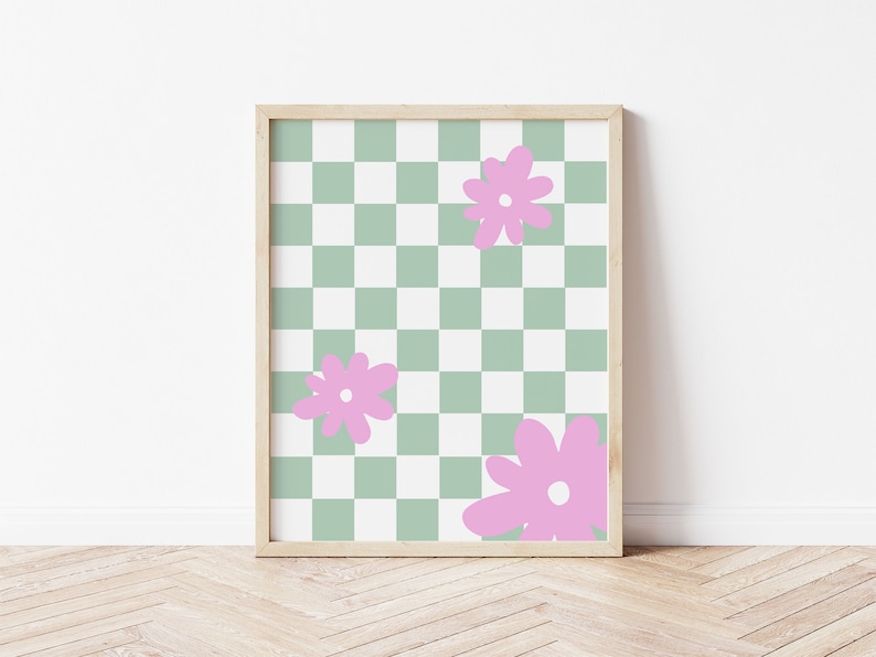 Pink and Green Checkered Print, Flower Checkered Posters, Boho ...