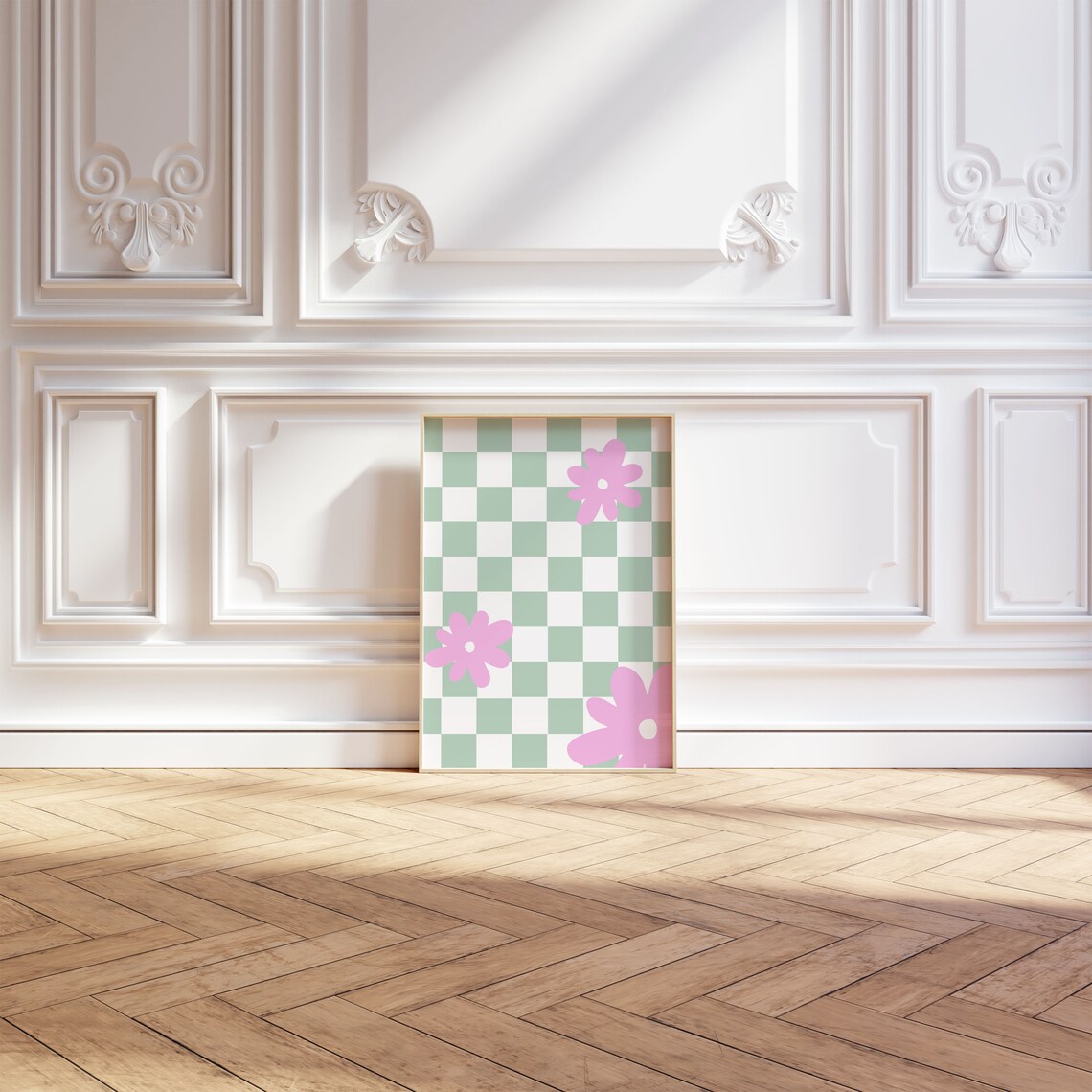 Pink and Green Checkered Print, Flower Checkered Posters, Boho ...
