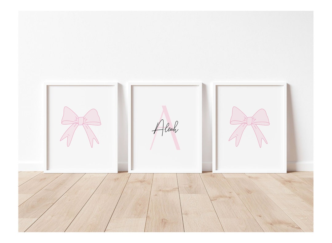 Custom Initial Name Pink Bows Art Print, Cute Pink Girly Posters, Pink ...