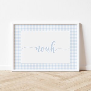 Custom Name Light Blue Nursery Art, Gingham Plaid Minimal, Blue Gingham ...