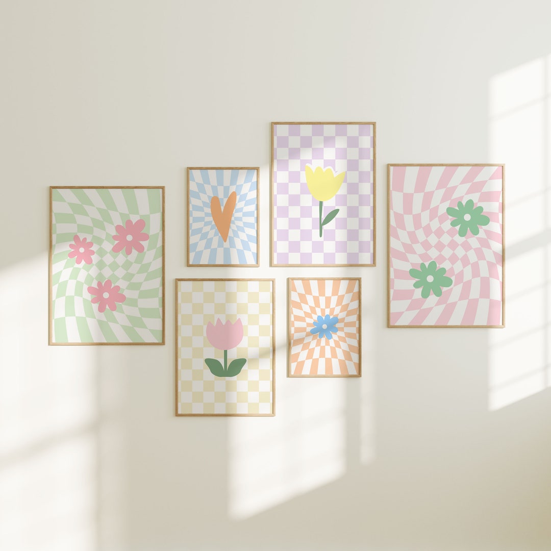 Set of 6 Checkered Preppy Wall Art, Colorful Girly Summer Art ...