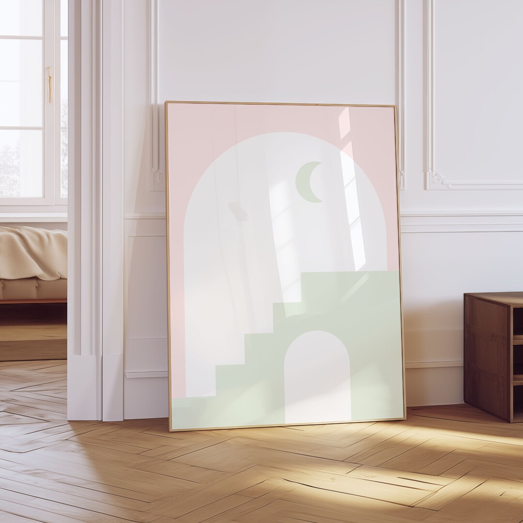 Pastel Pink Green Stairs Art, Pastel Scandinavian, Livingroom Minimal ...