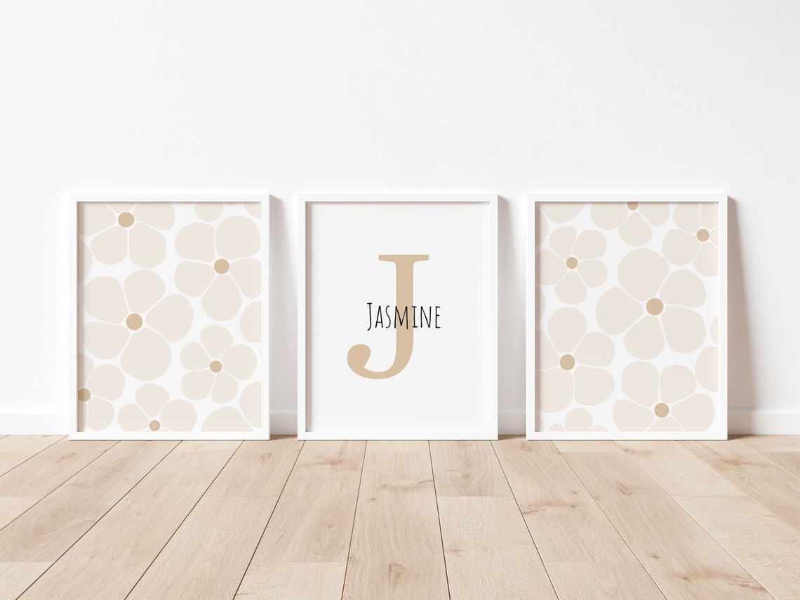 Custom Initial Name Beige Art, Girls Nursery Art, Set of 3 Boho Nursery ...