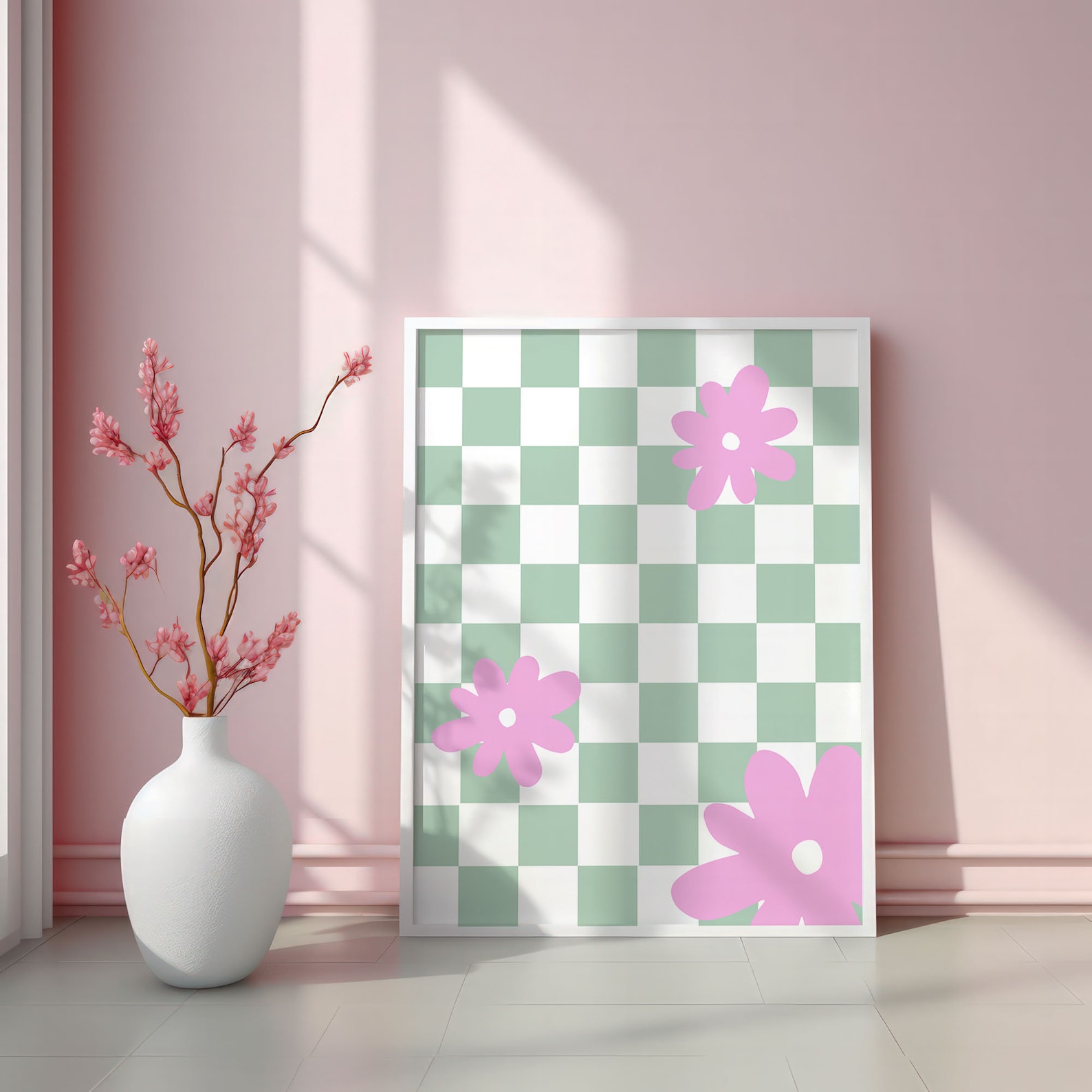 Pink and Green Checkered Print, Flower Checkered Posters, Boho ...