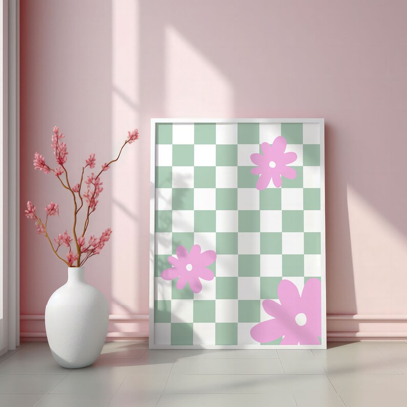 Pink and Green Checkered Print, Flower Checkered Posters, Boho ...