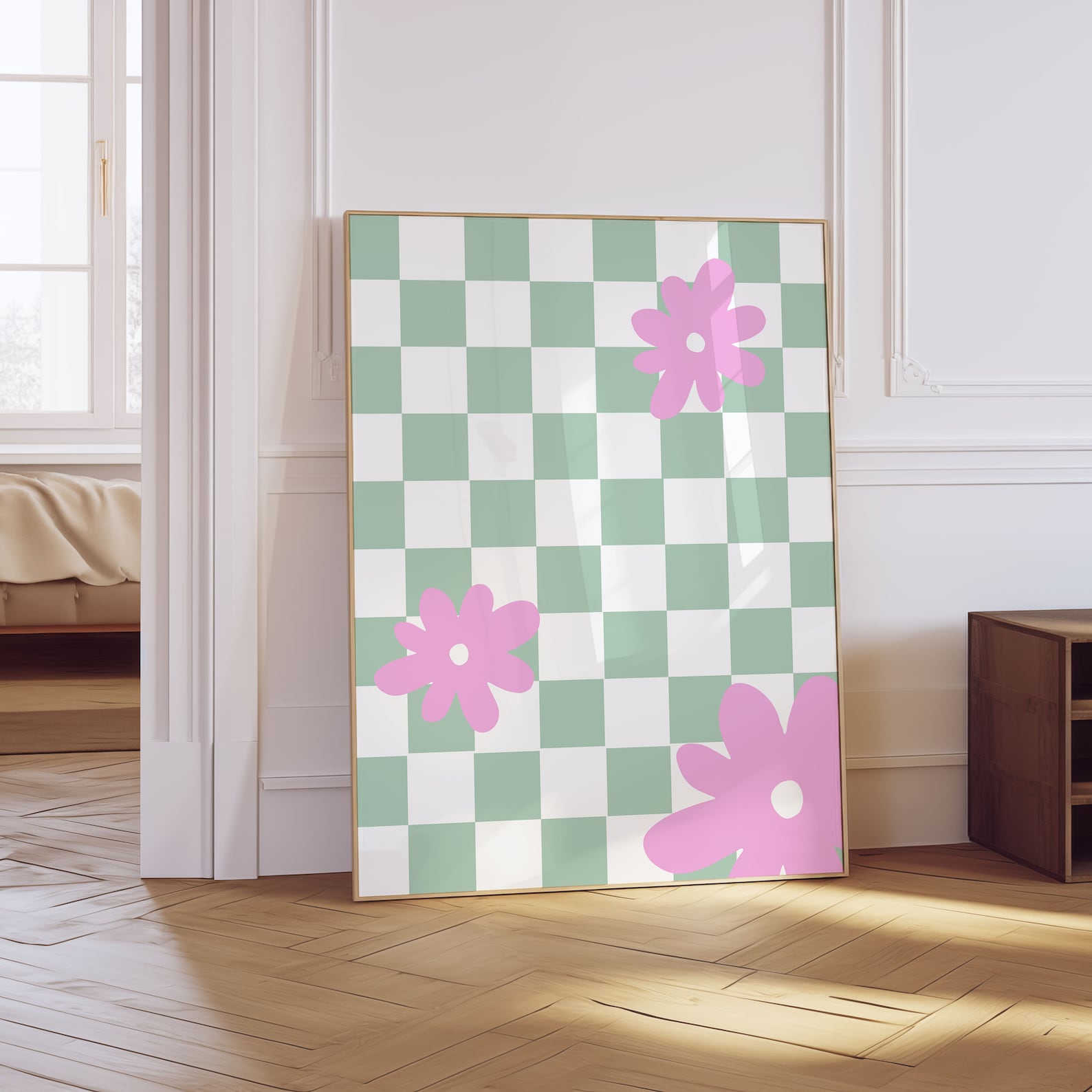 Pink and Green Checkered Print, Flower Checkered Posters, Boho ...
