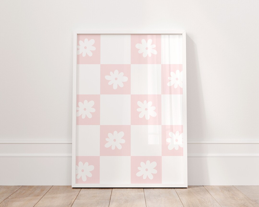 Checkered Blush Pink Flowers Art, Checkered Posters, Pink Aesthetic ...