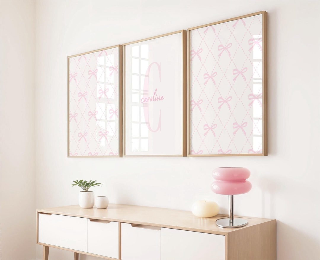 Light Pink Bows Custom Initial Name Art, Pink Girly Art, Pink Nursery ...
