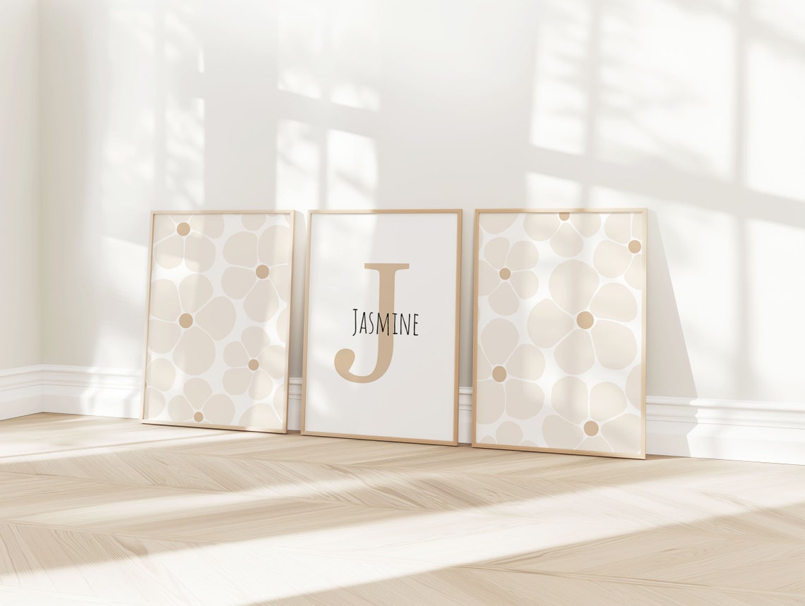 Custom Initial Name Beige Art, Girls Nursery Art, Set of 3 Boho Nursery ...