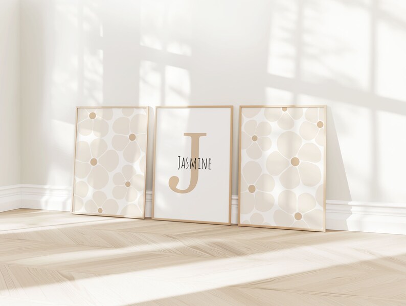 Custom Initial Name Beige Art, Girls Nursery Art, Set of 3 Boho Nursery ...
