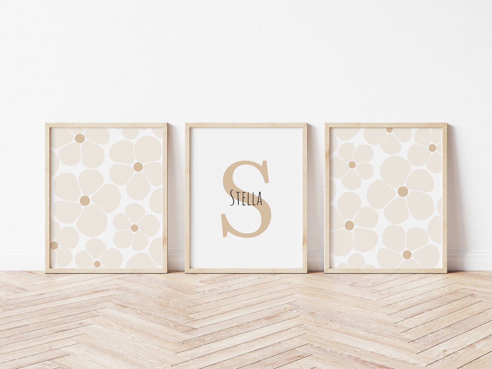 Custom Initial Name Beige Art, Girls Nursery Art, Set of 3 Boho Nursery ...