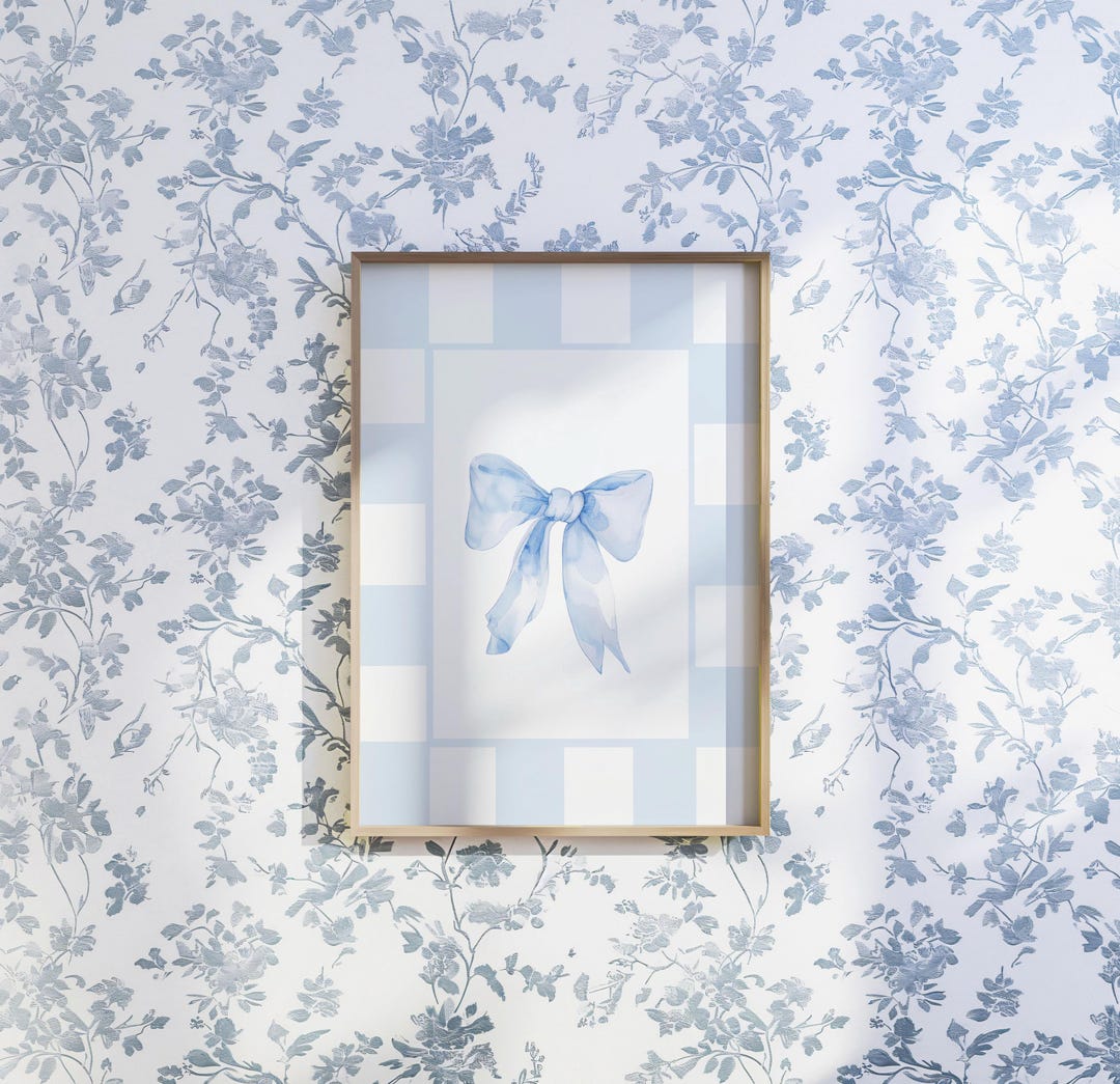 Light Baby Blue Bow Checkered Art, Blue Nursery Art, Dorm Room Art ...