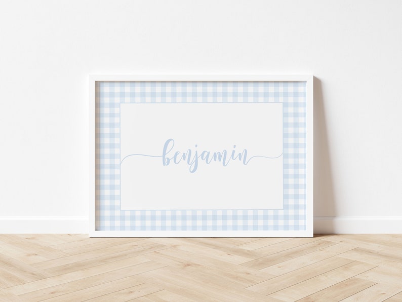 Custom Name Light Blue Nursery Art, Gingham Plaid Minimal, Blue Gingham ...