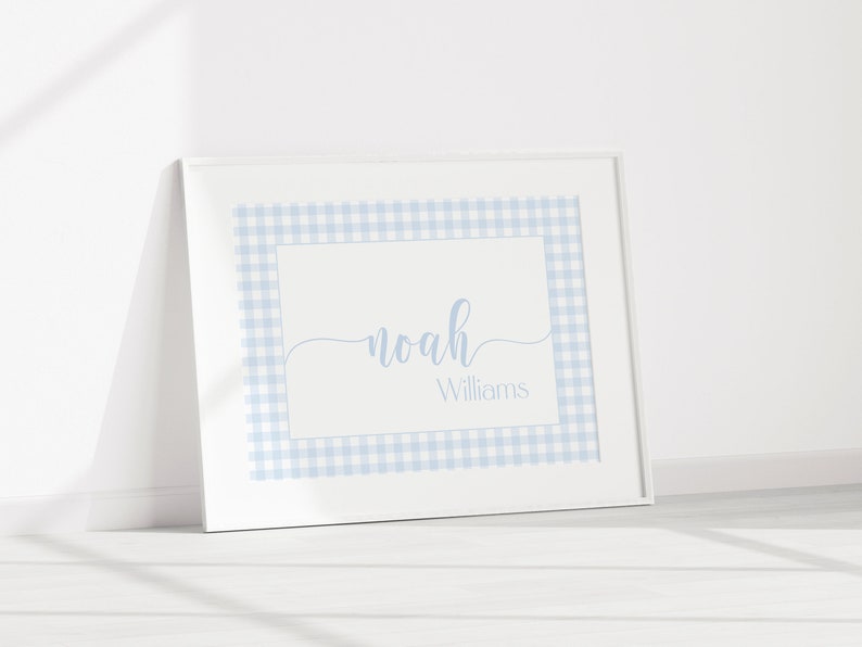 Custom Name Light Blue Nursery Art, Gingham Plaid Minimal, Blue Gingham ...